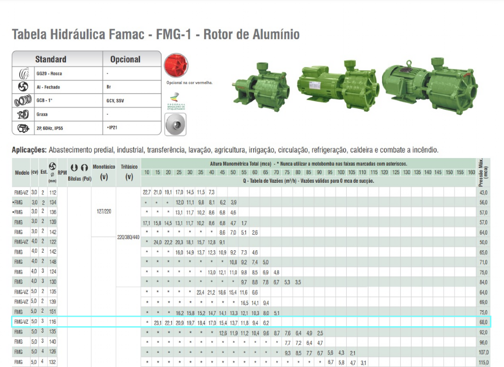 Bomba Centrífuga Multiestágios FMG-VZ 5 Cv Rotor em alumínio Trifásico 220/380/440 V Famac