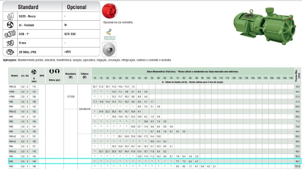 Bomba Centrífuga Multiestágios FMG 5 Cv Rotor em alumínio Trifásico 220/380/440 V Famac